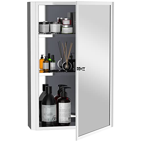 HOMCOM Bathroom Mirrored Cabinet, Vertical 16" x 24" Stainless Steel Frame Medicine Cabinet, Wall-Mounted Storage Organizer with Single Door