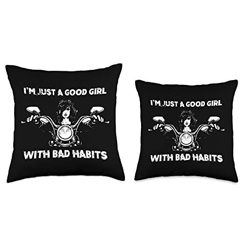 Motorcycle Pillows Rider Riding Biker Gifts Good Girl Bad Habits Motorcycle Cool Biker Gift for Women Throw Pillow, 16x16, Multicolor