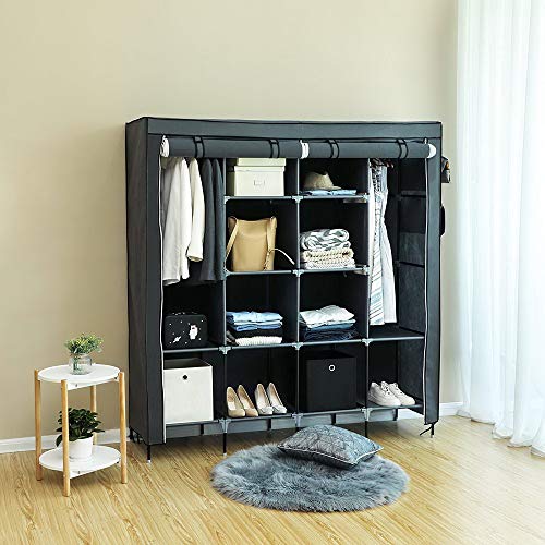 Knocbel 67" Tall Freestanding Closet Organzier Clothes Garment Rack Dustproof & Waterproof Fabric Cover with Storage Shelves 2 Hanging Rods & 4 Side Pockets (Gray)
