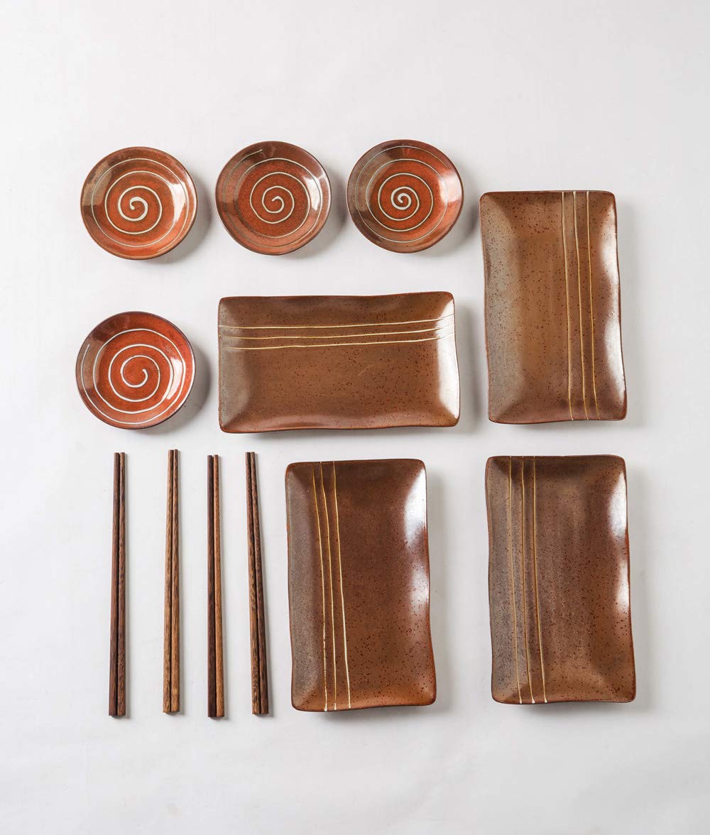 Pangu 12-Piece Japanese Style Sushi Plate Set, Dinnerware Set, Kage(Shadow), Brown, Service for 4