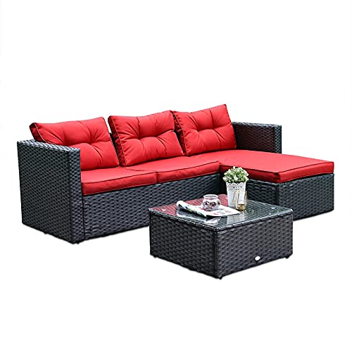 PHI VILLA Patio Sectional Clearance Manual Weaving Wicker Small L-Shaped Outdoor Furniture Sofa Set with Upgrade Rattan (3 Piece,Red)