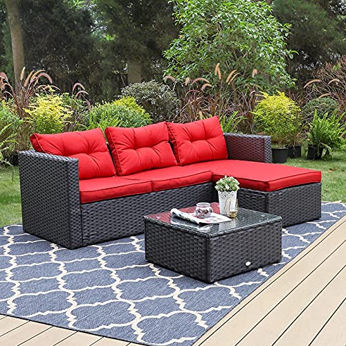 PHI VILLA Patio Sectional Clearance Manual Weaving Wicker Small L-Shaped Outdoor Furniture Sofa Set with Upgrade Rattan (3 Piece,Red)