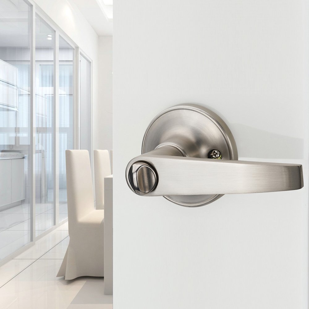 1 Pack of MANREN Lever Keyed Entry Door Lever Handle Lock, Universal Door Knob Hardware,Nickel Brushed Color (MR802ET)