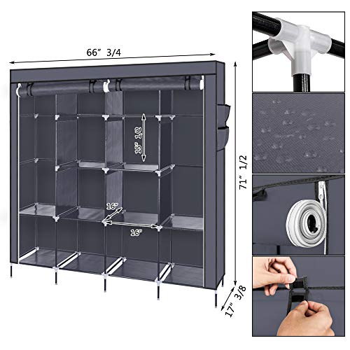 Knocbel 67" Tall Freestanding Closet Organzier Clothes Garment Rack Dustproof & Waterproof Fabric Cover with Storage Shelves 2 Hanging Rods & 4 Side Pockets (Gray)