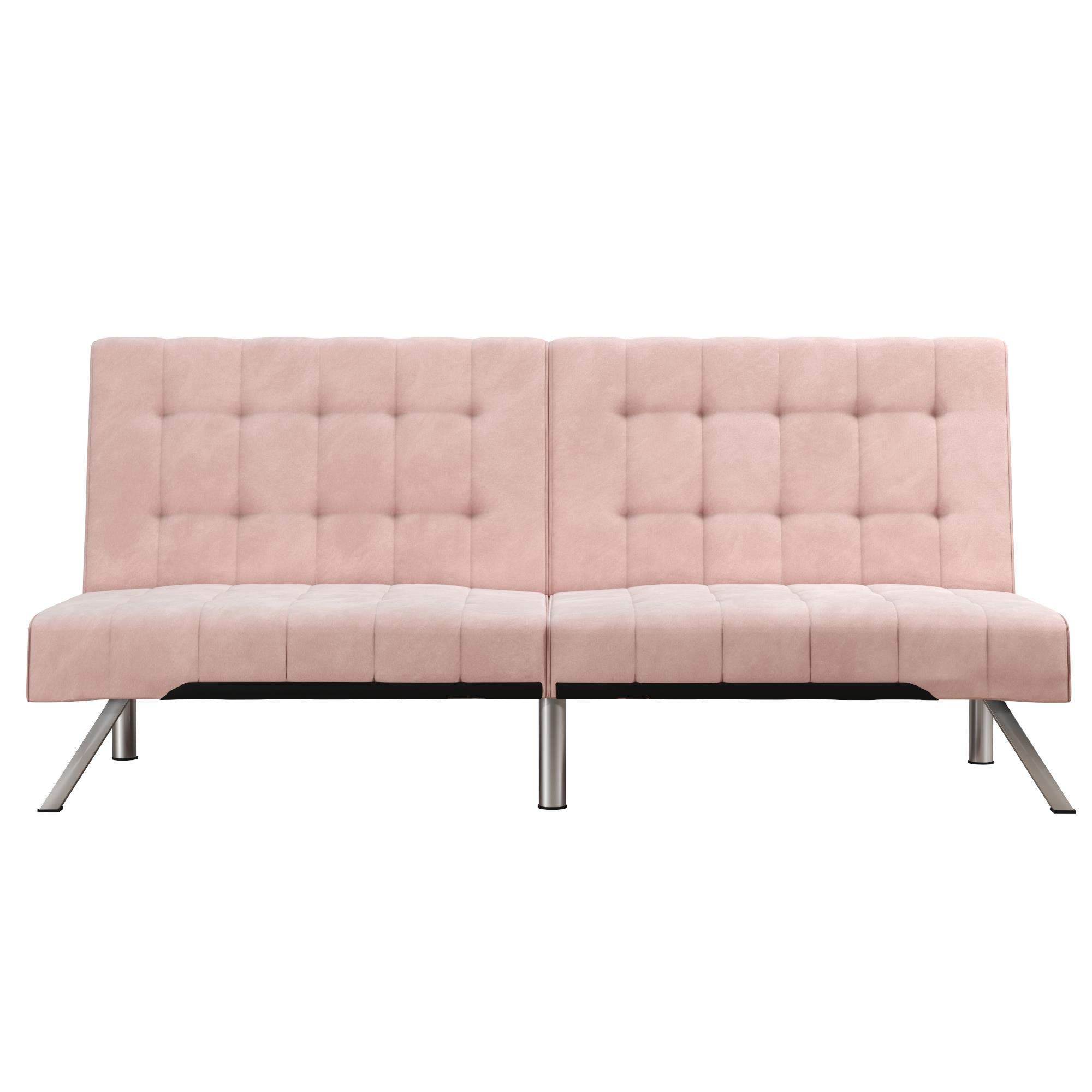 DHP Emily 71 Inch Futon Sofa Bed Fabric, Armless Upholstered Couch Sleeper with Tufted Back and Seat, Mid-Century Modern, Pink Velvet