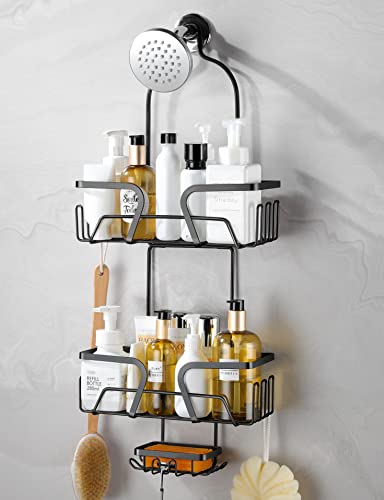 Taozun Shower Caddy Over Shower Head - Hanging Shower Caddy Rustproof Stainless Shower Organizer Hanging Storage Rack Basket with 6 Hooks for Soap and Sponge - Black