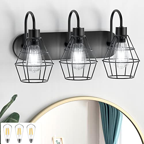 Elibbren Retro Style Industrial Bathroom Vanity Light 3 Lights, Vintage Matte Black Wall Sconce with Cage, Farmhouse Bathroom Wall Light Fixture for Bathroom Vanity, UL Listed (Bulbs Included)