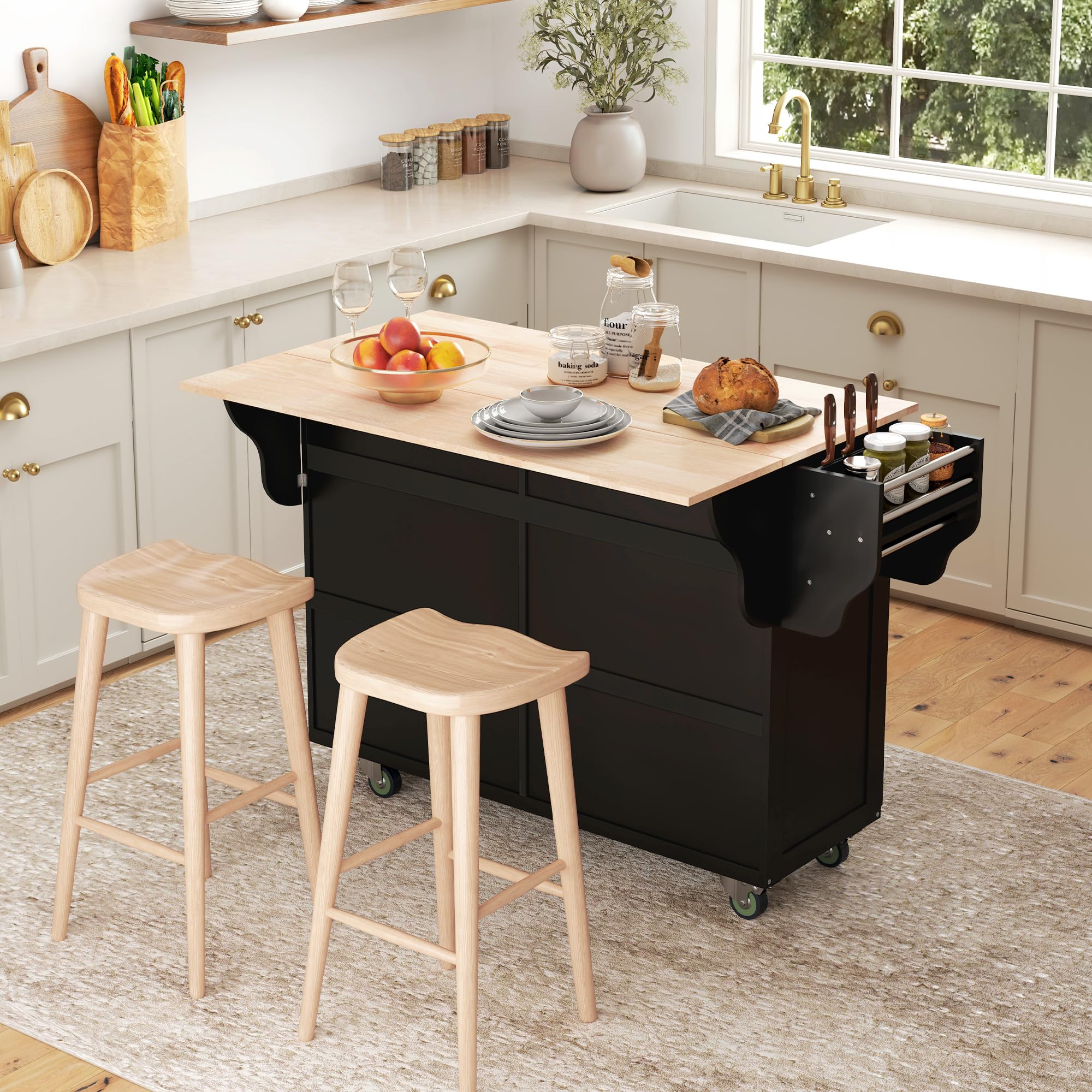 HOMCOM Rolling Kitchen Island Cart with Drop Leaf, Kitchen Cart on Wheels with Rubber Wood Top, 2 Drawers and 2 Storage Cabinets, Island Table for Kitchen, Dining Room, Black
