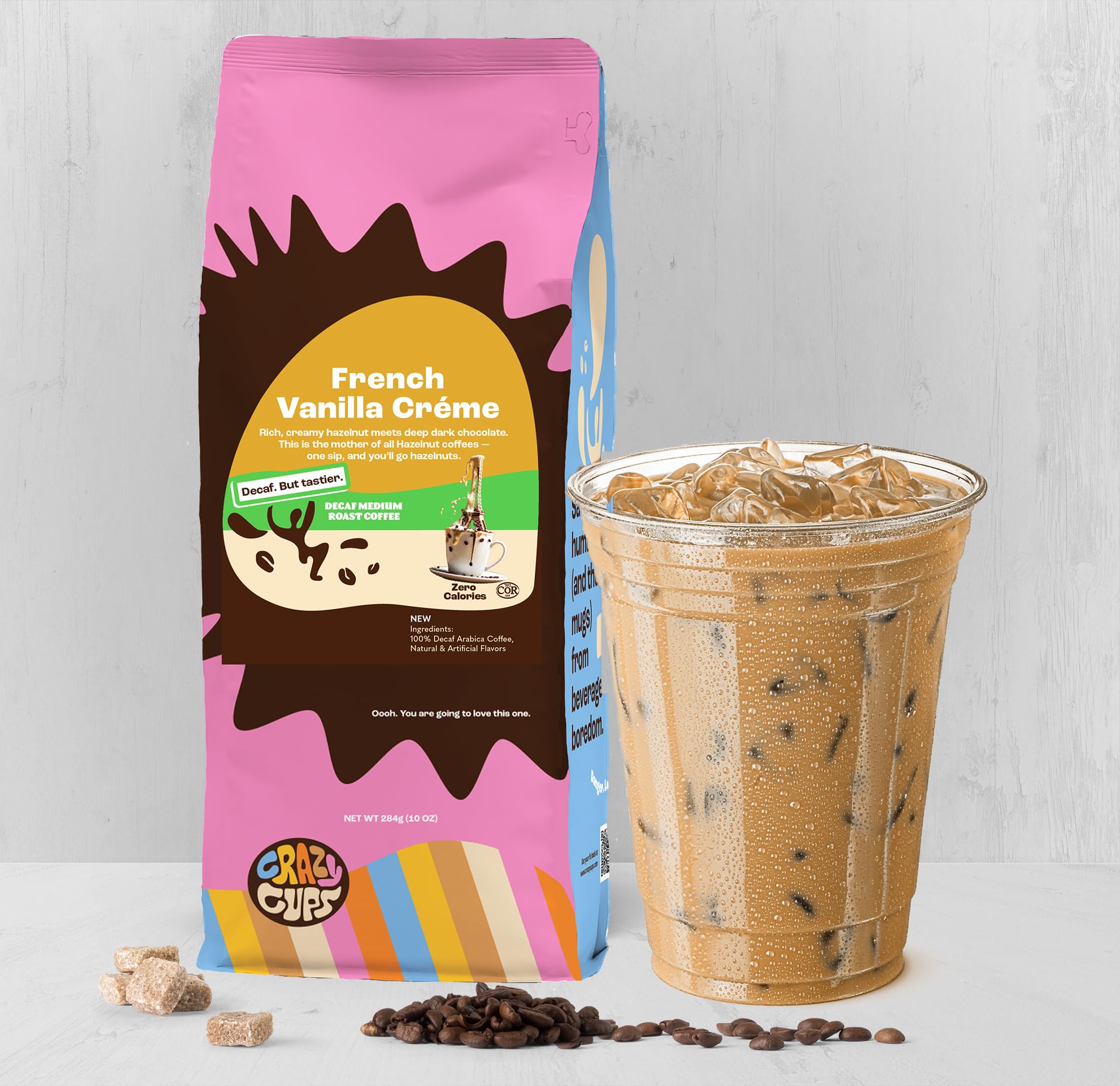 Crazy Cups Decaf Flavored Ground Coffee, French Vanilla Crème, Brew Hot or Iced Coffee, 10 Oz Bags, 3 Pack