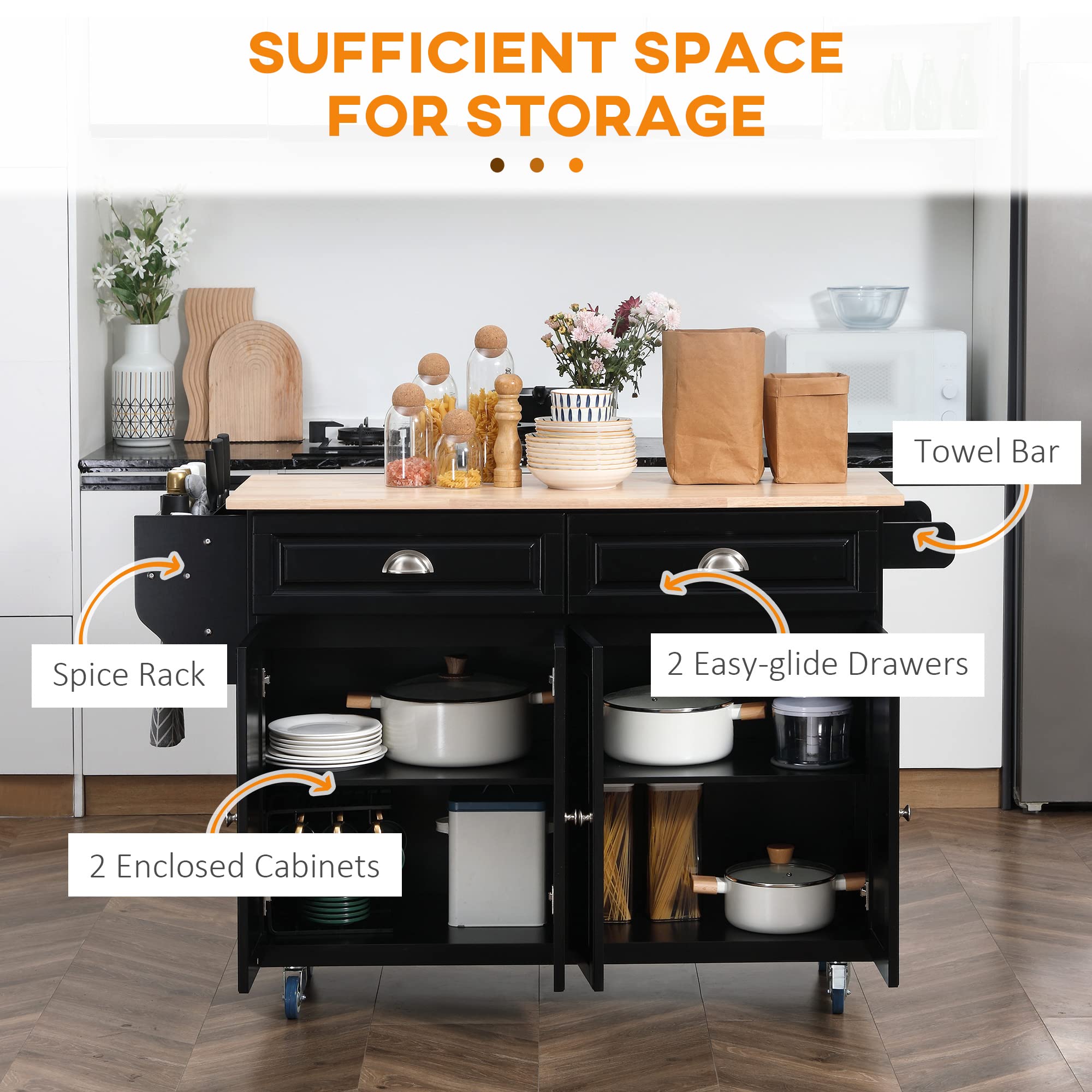 HOMCOM Rolling Kitchen Island Cart with Drop Leaf, Kitchen Cart on Wheels with Rubber Wood Top, 2 Drawers and 2 Storage Cabinets, Island Table for Kitchen, Dining Room, Black