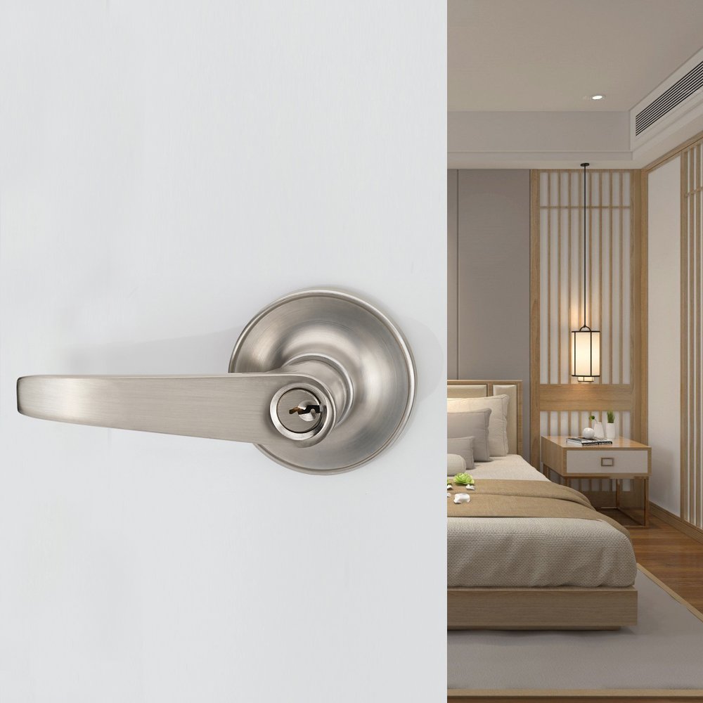 1 Pack of MANREN Lever Keyed Entry Door Lever Handle Lock, Universal Door Knob Hardware,Nickel Brushed Color (MR802ET)