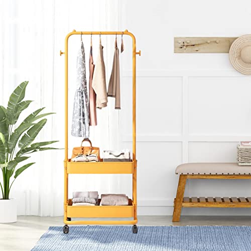 Milageto Multipurpose Clothing Rack with Wheels Rolling Clothes Organizer Small Wardrobe Rack on Wheels Garment Rack for Bedroom Laundry Room Home, Yellow