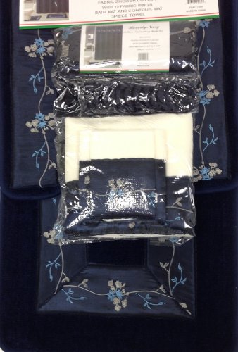 AHF/WPM Beverly Navy Flower 18-Piece Bathroom Set: 2-Rugs/mats, 1-Fabric Shower Curtain, 12-Fabric Covered Rings, 3-pc. Decorative Towel Set