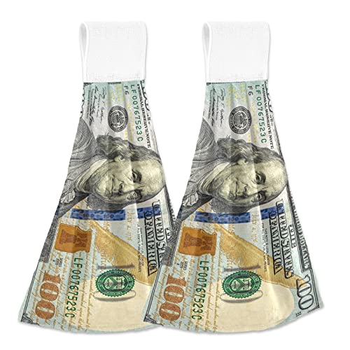 100 Dollar Bill Printed Hanging Kitchen Towels 2 Pieces Absorbent Tie Towel Dish Cloth Soft Hand Towel Tea Bar Towels for Bathroom Restroom Home Decor