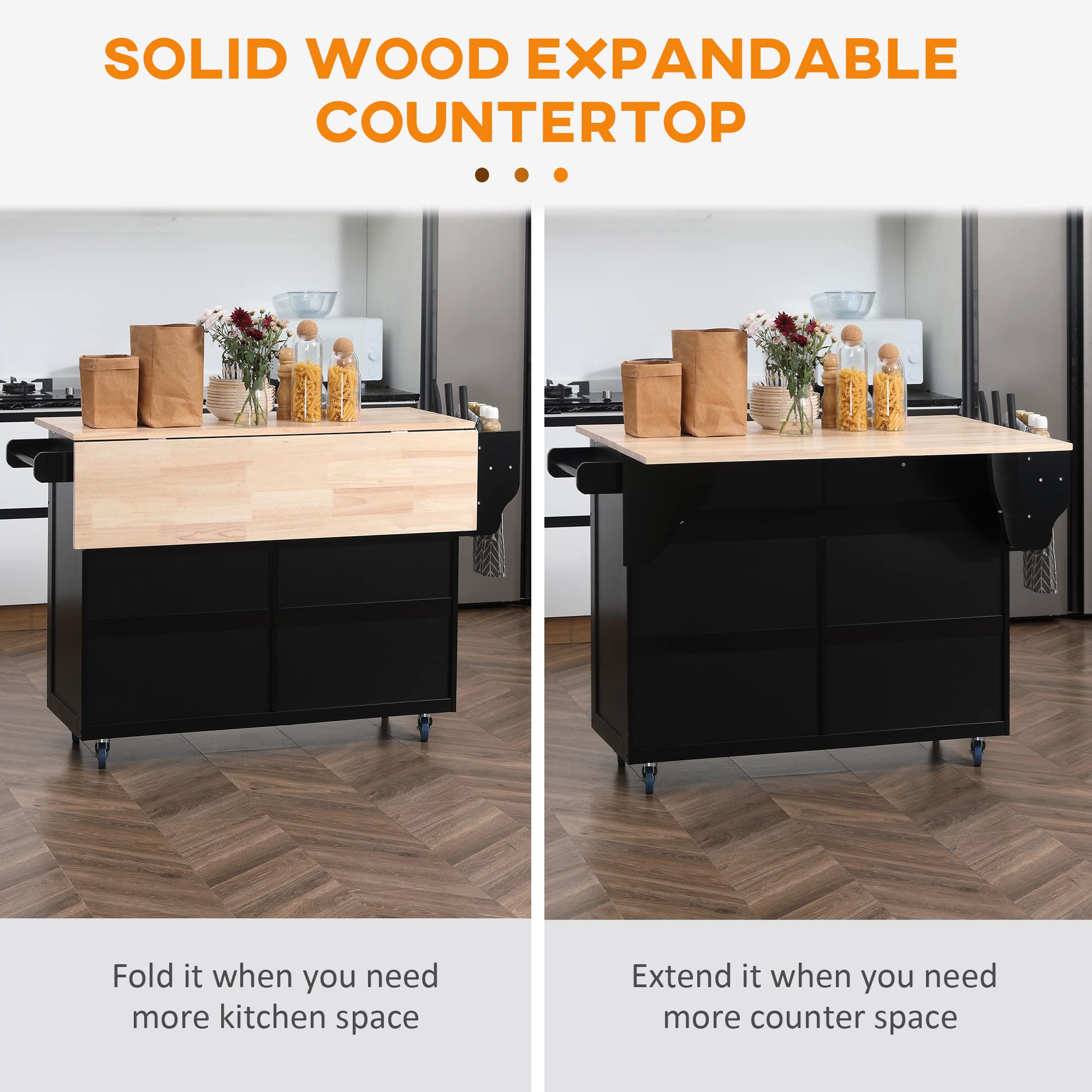 HOMCOM Rolling Kitchen Island Cart with Drop Leaf, Kitchen Cart on Wheels with Rubber Wood Top, 2 Drawers and 2 Storage Cabinets, Island Table for Kitchen, Dining Room, Black
