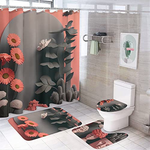 YSINOBEAR Orange Series Shower Curtain Sets with Non-Slip Rug,Toilet Lid Cover and Bath Mat,Orange Flower Shower Curtain Sets with 12 Hooks,Durable Waterproof Shower Curtain.