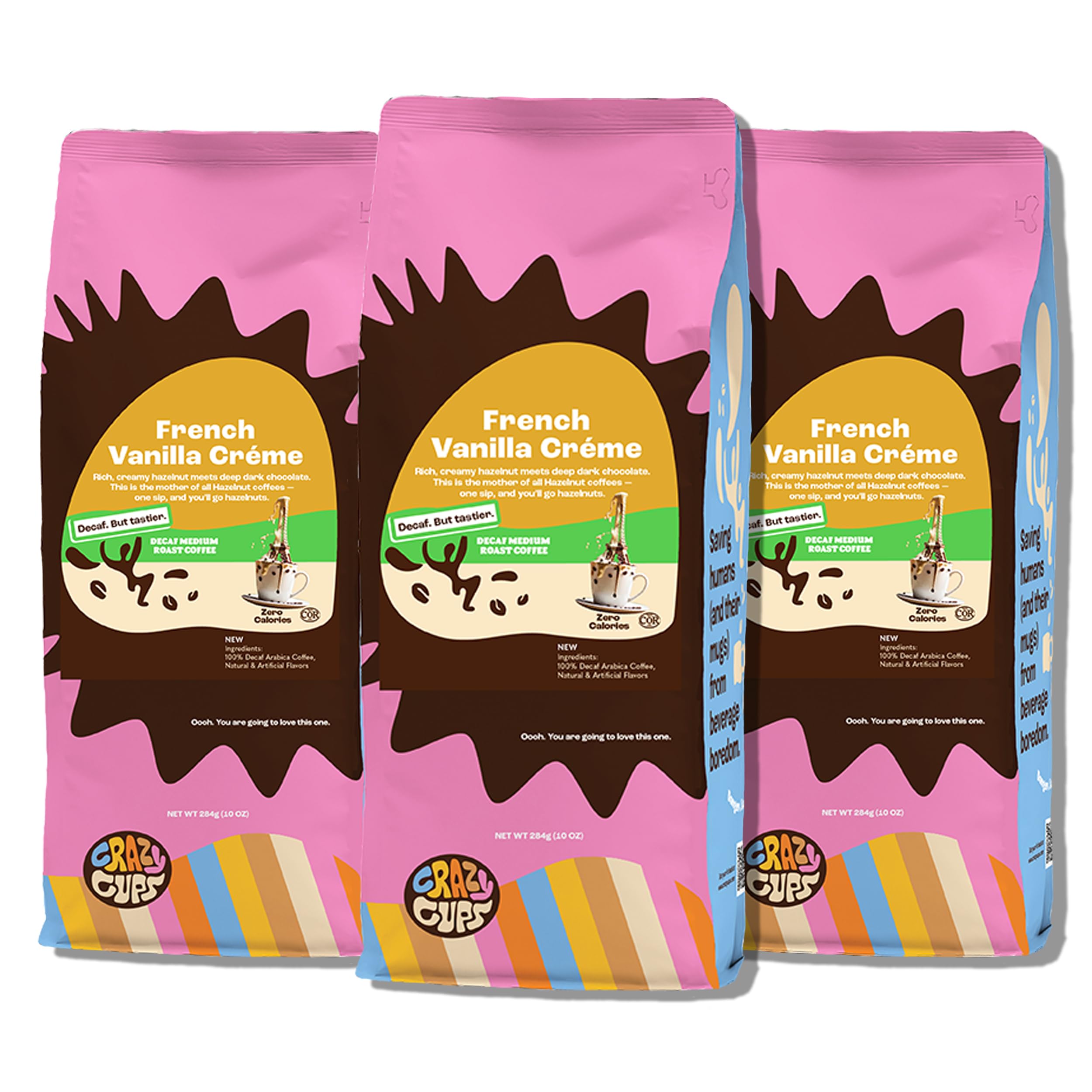 Crazy Cups Decaf Flavored Ground Coffee, French Vanilla Crème, Brew Hot or Iced Coffee, 10 Oz Bags, 3 Pack