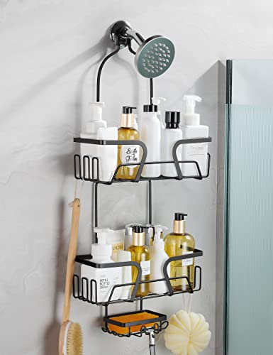 Taozun Shower Caddy Over Shower Head - Hanging Shower Caddy Rustproof Stainless Shower Organizer Hanging Storage Rack Basket with 6 Hooks for Soap and Sponge - Black