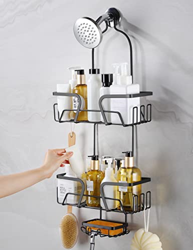 Taozun Shower Caddy Over Shower Head - Hanging Shower Caddy Rustproof Stainless Shower Organizer Hanging Storage Rack Basket with 6 Hooks for Soap and Sponge - Black