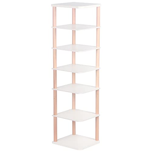 LUCKNOCK 7 Tiers Vertical Shoe Rack, Narrow Shoe Organizer, Stylish Wooden Shoe Storage Stand, Space Saving Shoe Shelf, Shoe Tower, Free Standing Shoe Racks for Entryway, No-Tool Assembly, White.