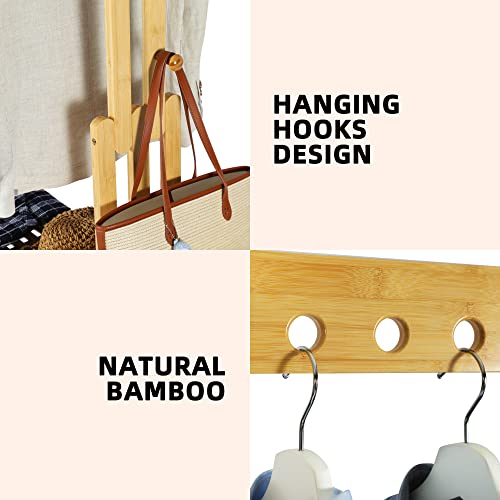 LUCKWIND Freestanding Garment Rack Clothes Racks, Rolling Clothing Racks for Hanging Clothes, Wooden Hanger with 2-Tier Shelves, Shoe Clothing Storage Organizer for Entryway