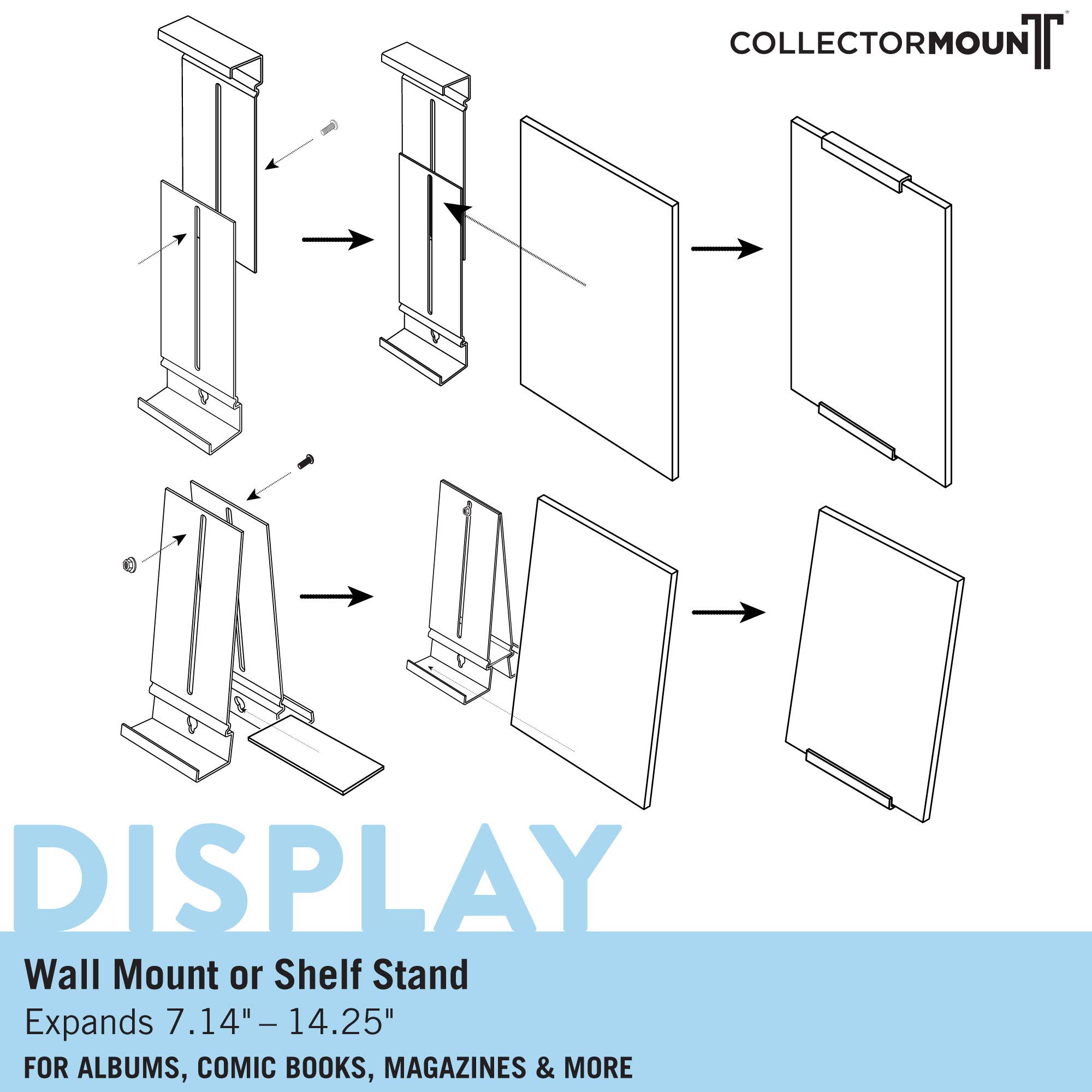 CollectorMount Album Mount 2 Pack Wall Mount Album Frame Brackets or Shelf Stand, Adjustable, Clear to display Vinyl Records