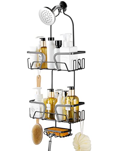 Taozun Shower Caddy Over Shower Head - Hanging Shower Caddy Rustproof Stainless Shower Organizer Hanging Storage Rack Basket with 6 Hooks for Soap and Sponge - Black