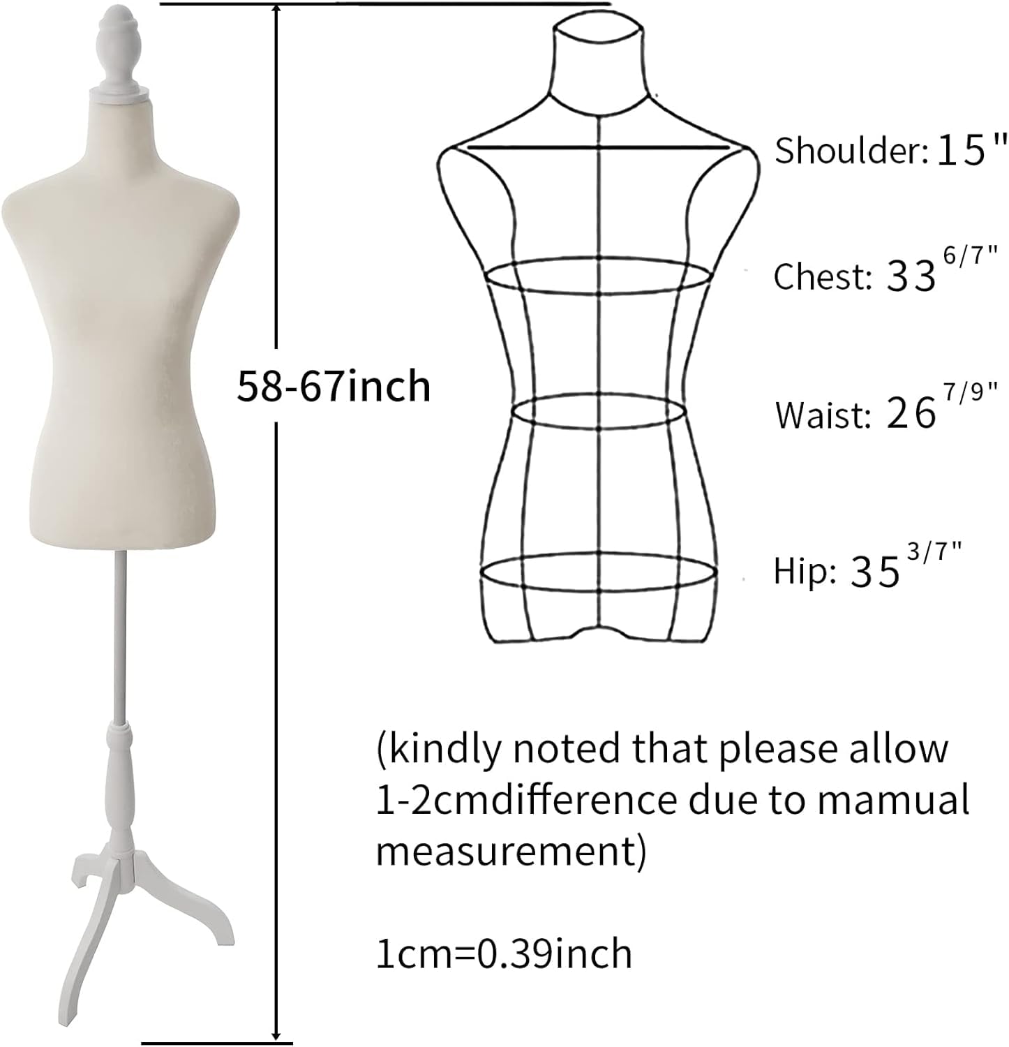 Female Dress Form Mannequin Torso Manikin Body with Adjustable Tripod Stand for Sewing Dressmakers Dress Jewelry Display (Beige)