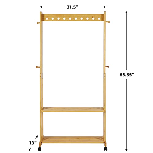 LUCKWIND Freestanding Garment Rack Clothes Racks, Rolling Clothing Racks for Hanging Clothes, Wooden Hanger with 2-Tier Shelves, Shoe Clothing Storage Organizer for Entryway