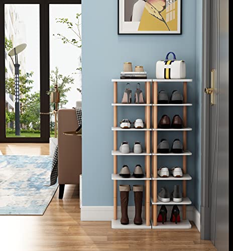 LUCKNOCK 7 Tiers Vertical Shoe Rack, Narrow Shoe Organizer, Stylish Wooden Shoe Storage Stand, Space Saving Shoe Shelf, Shoe Tower, Free Standing Shoe Racks for Entryway, No-Tool Assembly, White.