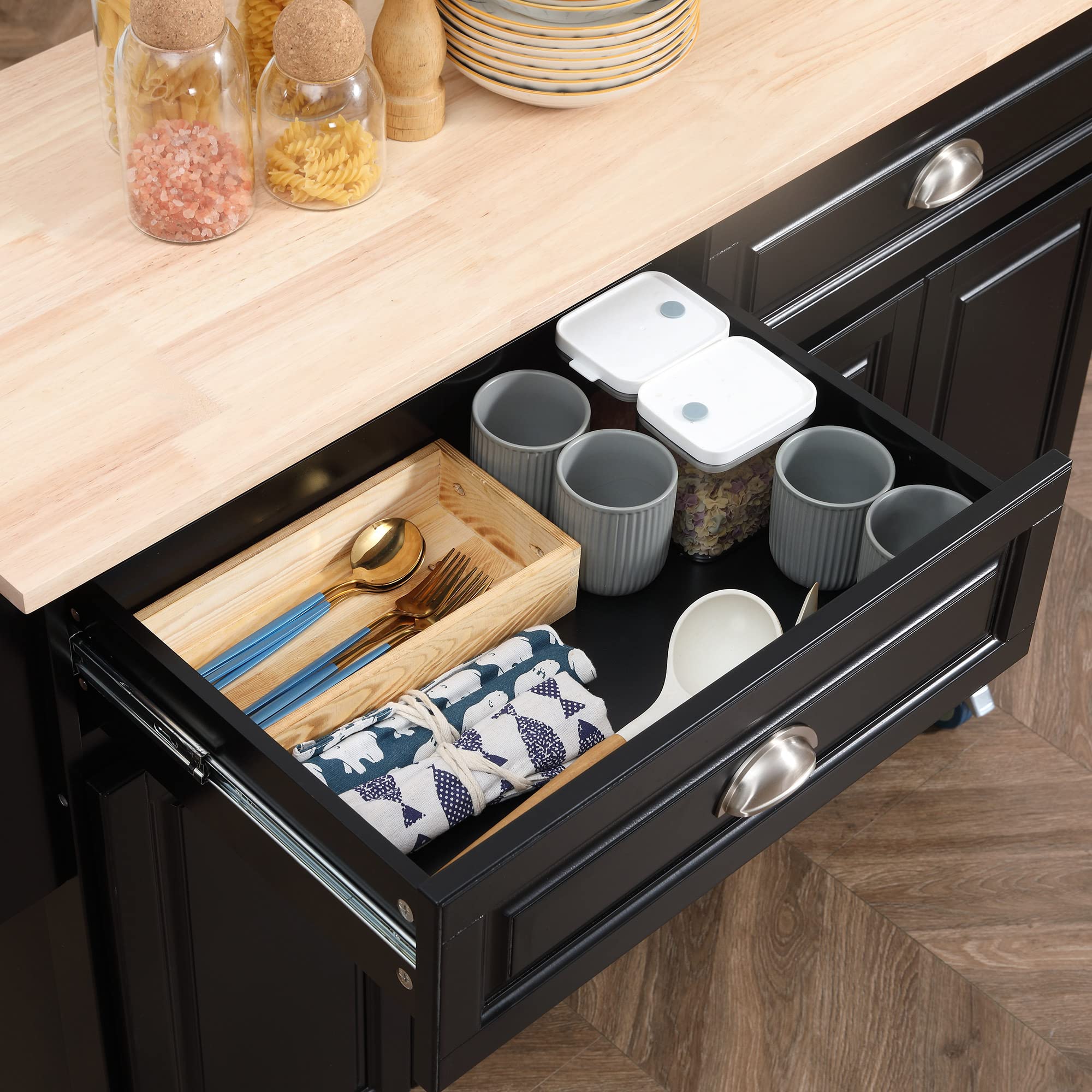 HOMCOM Rolling Kitchen Island Cart with Drop Leaf, Kitchen Cart on Wheels with Rubber Wood Top, 2 Drawers and 2 Storage Cabinets, Island Table for Kitchen, Dining Room, Black
