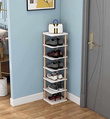 LUCKNOCK 7 Tiers Vertical Shoe Rack, Narrow Shoe Organizer, Stylish Wooden Shoe Storage Stand, Space Saving Shoe Shelf, Shoe Tower, Free Standing Shoe Racks for Entryway, No-Tool Assembly, White.