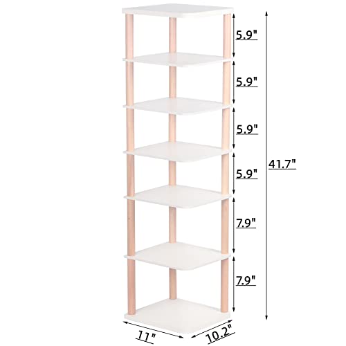 LUCKNOCK 7 Tiers Vertical Shoe Rack, Narrow Shoe Organizer, Stylish Wooden Shoe Storage Stand, Space Saving Shoe Shelf, Shoe Tower, Free Standing Shoe Racks for Entryway, No-Tool Assembly, White.