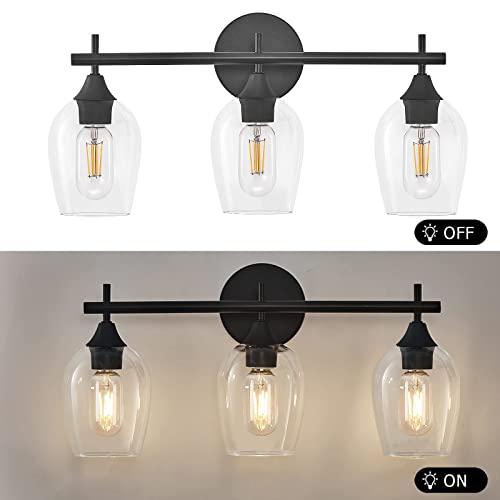 XGFOURSEVEN 3-Light Black Bathroom Lighting Fixture, Vintage Vanity Light with Clear Glass Shade,Modern Wall Lamp for Bedroom Hallway Living Room (Black, 3-Light)
