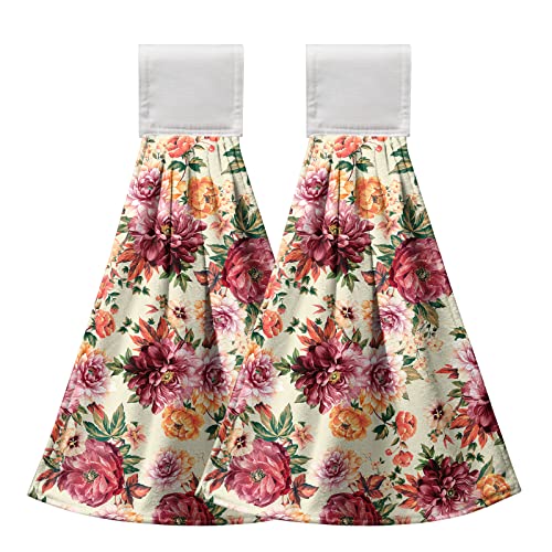 Kwlegh Beautiful Floral Tie Towels Set of 2 Summer Peony Kitchen Towels with Hanging Loop Red Flower Bathroom Towels Soft Absorbent Hanging Hand Towels for Bathroom Kitchen 12x17 Inch
