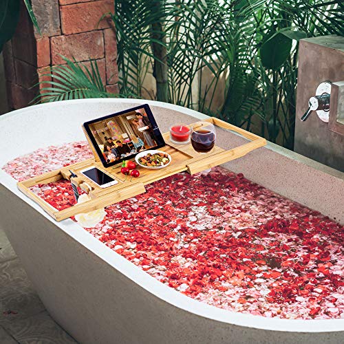 Utoplike Bamboo Bathtub Caddy Tray Bath Tray for Tub, Adjustable Bathroom Bathtub Organizer with Book Tablet Wine Glass Cup Towel Holder,Distinctive Gift (24.5"-37.4")