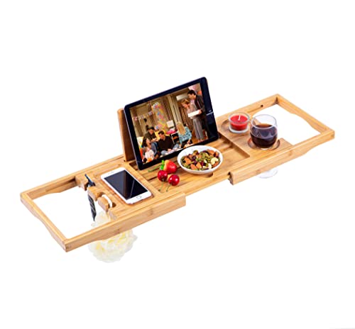 Utoplike Bamboo Bathtub Caddy Tray Bath Tray for Tub, Adjustable Bathroom Bathtub Organizer with Book Tablet Wine Glass Cup Towel Holder,Distinctive Gift (24.5"-37.4")