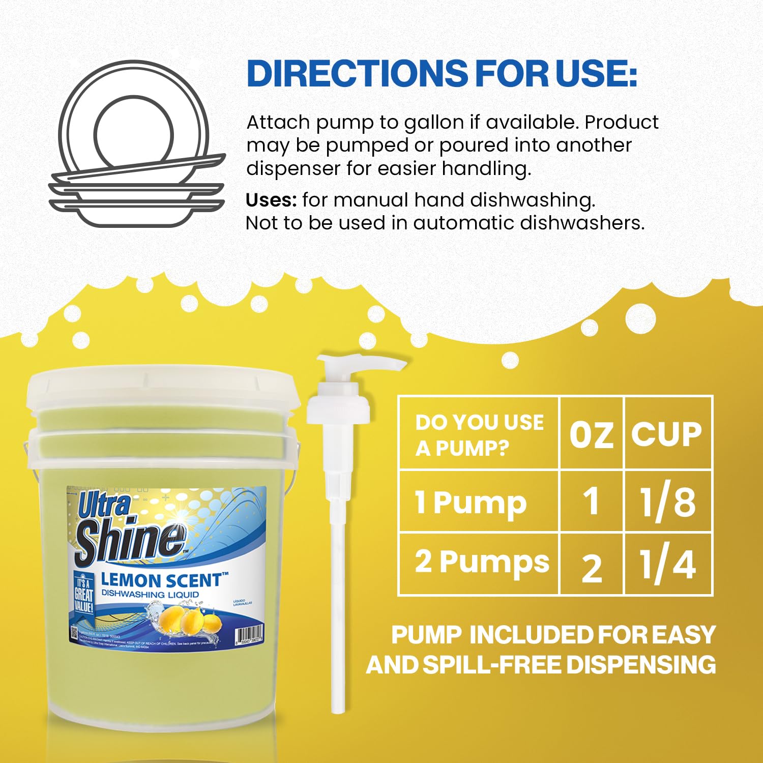 Ultra Shine™ 2X Platinum™ Dishwashing Liquid - Lemon Scent - 5 Gallons (Retail Case w/Pump)