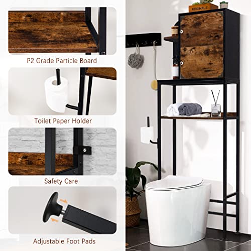 Becko US Over The Toilet Storage Cabinet with Doors & Adjustable Shelves, Bathroom Storage Organizer Shelf with Toilet Paper Holder, Tall Freestanding Multifunctional Rack