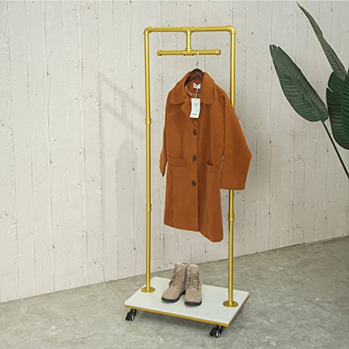 MDEPYCO Clothing Store Rolling Garment Rack with Wheel,Industrial Pipe Clothing Storage Display Rack,Floor-Standing Hanging Rods Hangers Clothes Shelves (Gold)