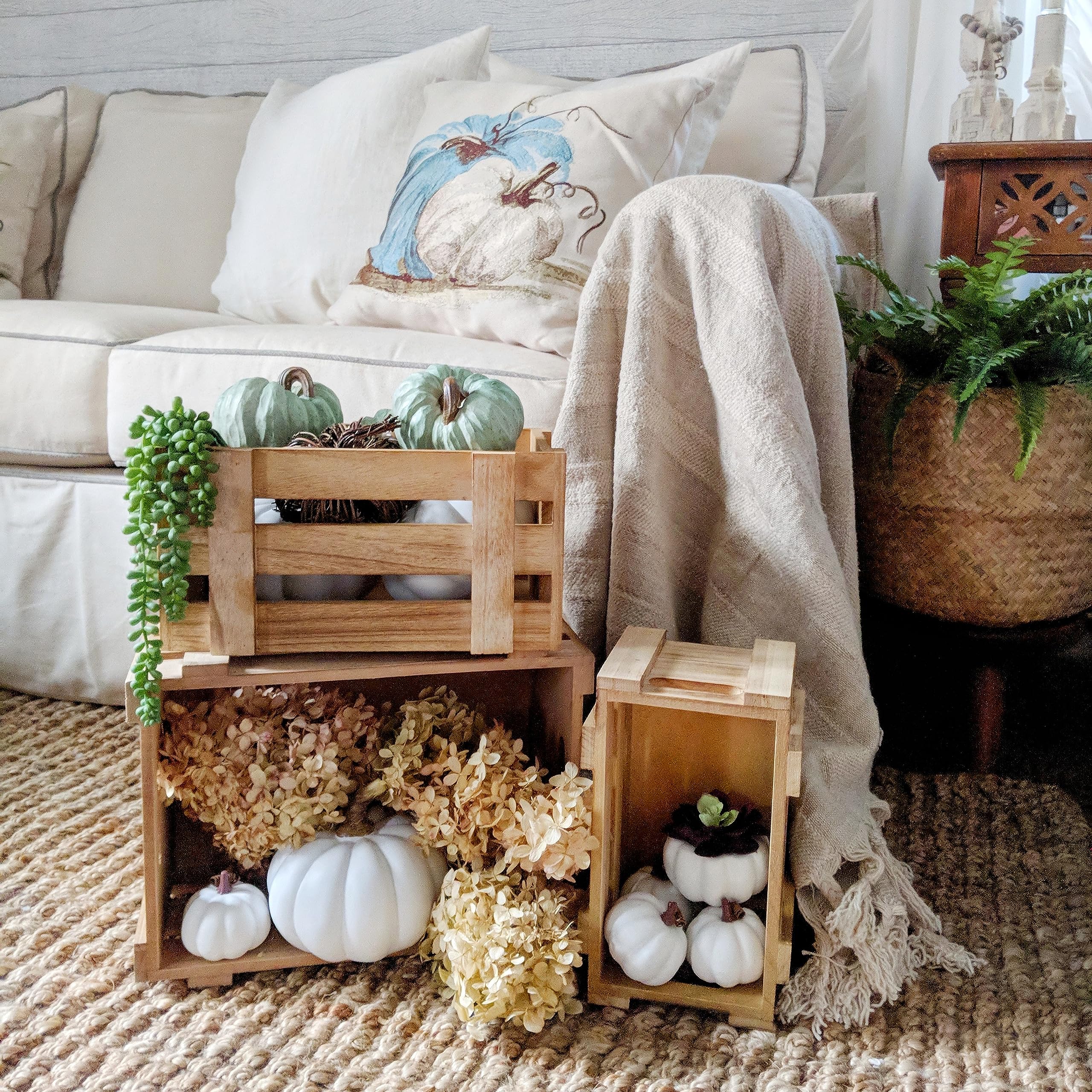 Natural Wood Crates for Storage - Set of 3: Decorative Unfinished Wooden Crates, Country Style Storage for Display, Rustic Farmhouse Shelf Décor