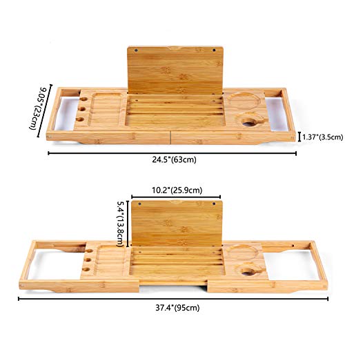 Utoplike Bamboo Bathtub Caddy Tray Bath Tray for Tub, Adjustable Bathroom Bathtub Organizer with Book Tablet Wine Glass Cup Towel Holder,Distinctive Gift (24.5"-37.4")