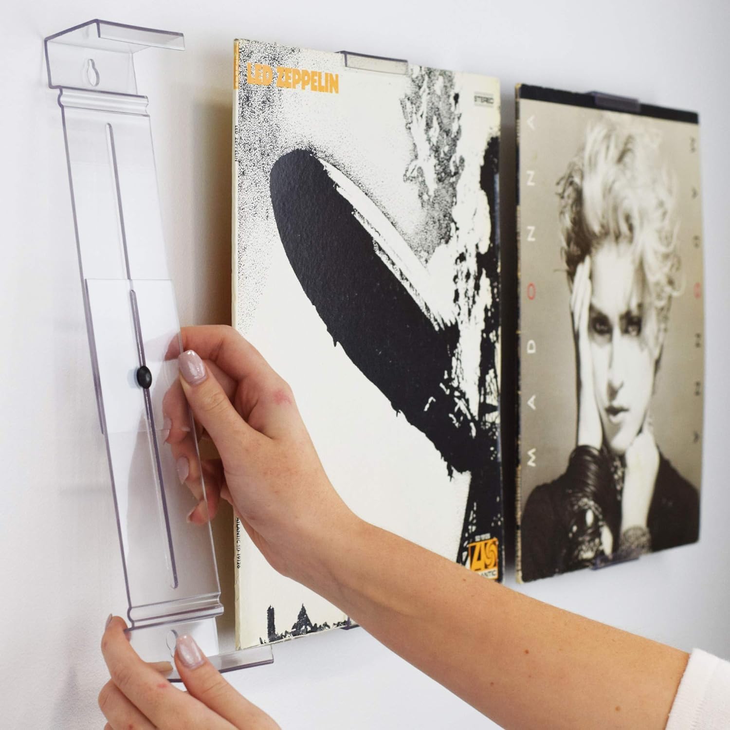 CollectorMount Album Mount 2 Pack Wall Mount Album Frame Brackets or Shelf Stand, Adjustable, Clear to display Vinyl Records