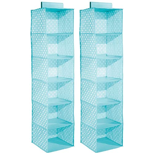 mDesign Soft Fabric Over Closet Rod Hanging Storage Organizer with 6 Shelves for Child/Kids Room or Nursery - Polka Dot Pattern - 2 Pack - Turquoise Blue with White Dots