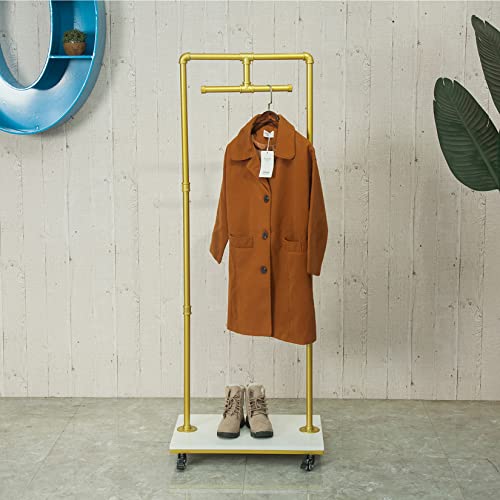 MDEPYCO Clothing Store Rolling Garment Rack with Wheel,Industrial Pipe Clothing Storage Display Rack,Floor-Standing Hanging Rods Hangers Clothes Shelves (Gold)