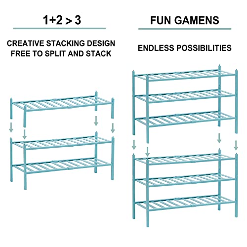 quiseolu Bamboo Shoe Rack 3 Tier Stackable Shoe Shelf 1 + 2 Tier Small Shoe Racks DIY Free Standing Shoe Stand for Closet Entryway Bedroom Floor Dorm Green Shoe Organizer D11 * W27.2 * H18.3 Inches