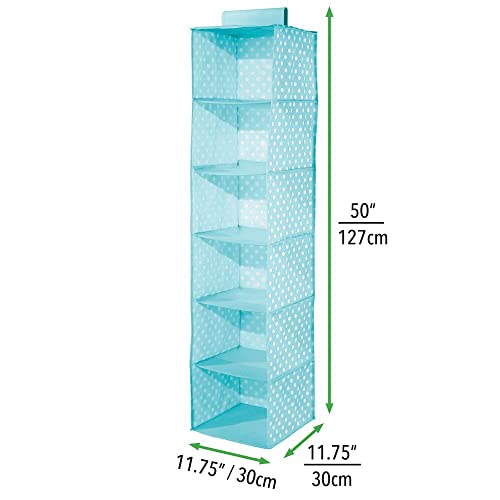 mDesign Soft Fabric Over Closet Rod Hanging Storage Organizer with 6 Shelves for Child/Kids Room or Nursery - Polka Dot Pattern - 2 Pack - Turquoise Blue with White Dots