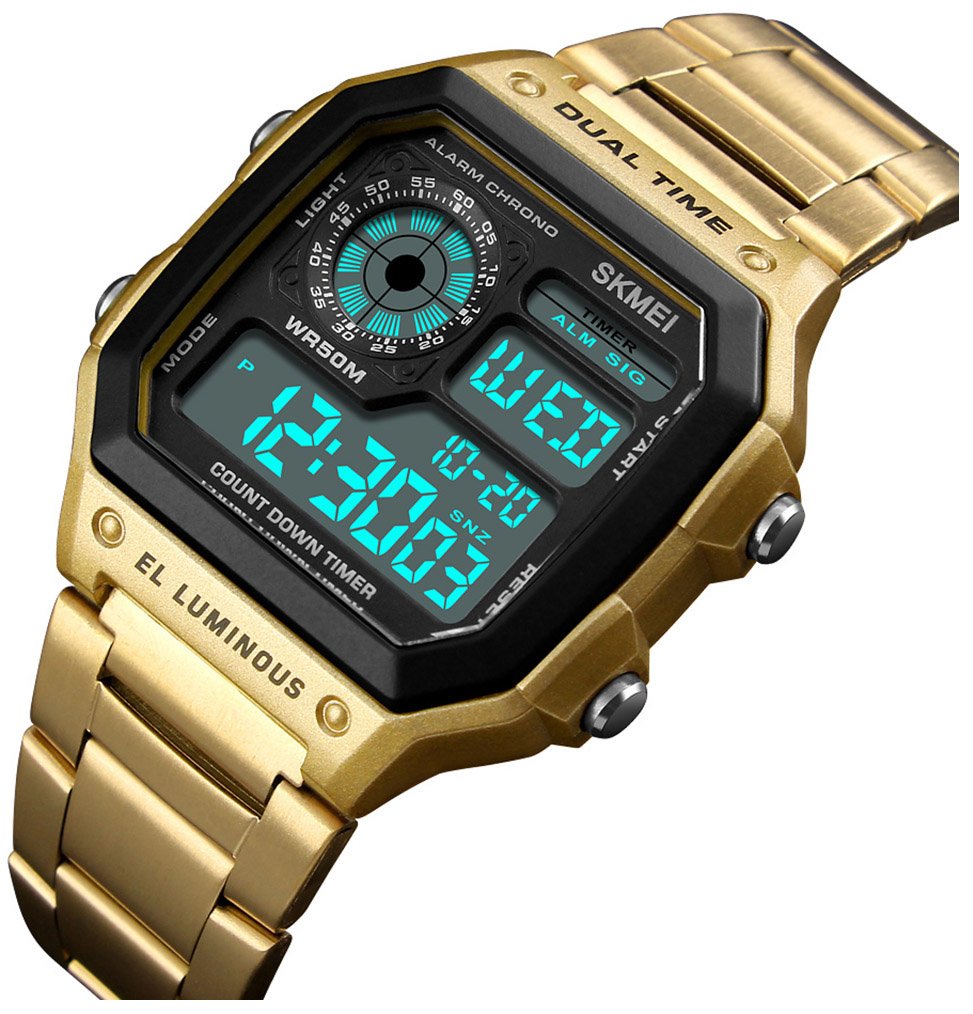 FANMIS Men's Luxury Digital Quartz Waterproof Wrist Watches Dual Time Countdown Alarm Stopwatch Backlight Multi-Function Watch (Gold)