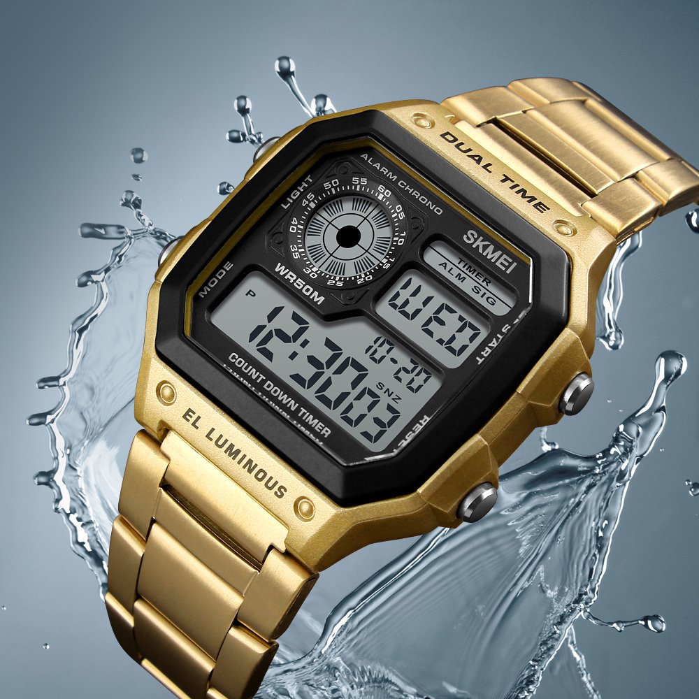 FANMIS Men's Luxury Digital Quartz Waterproof Wrist Watches Dual Time Countdown Alarm Stopwatch Backlight Multi-Function Watch (Gold)
