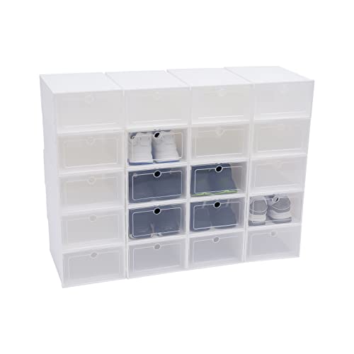 XUANIIIL 12/24 Pack Stackable Shoe Box Set, Plastic Clear Medium/Large Size Foldable Shoe Storage Boxes Home Organizer for Closet Shoe Holder Rack Containers with Lids (White, Standard Size, 20pcs)